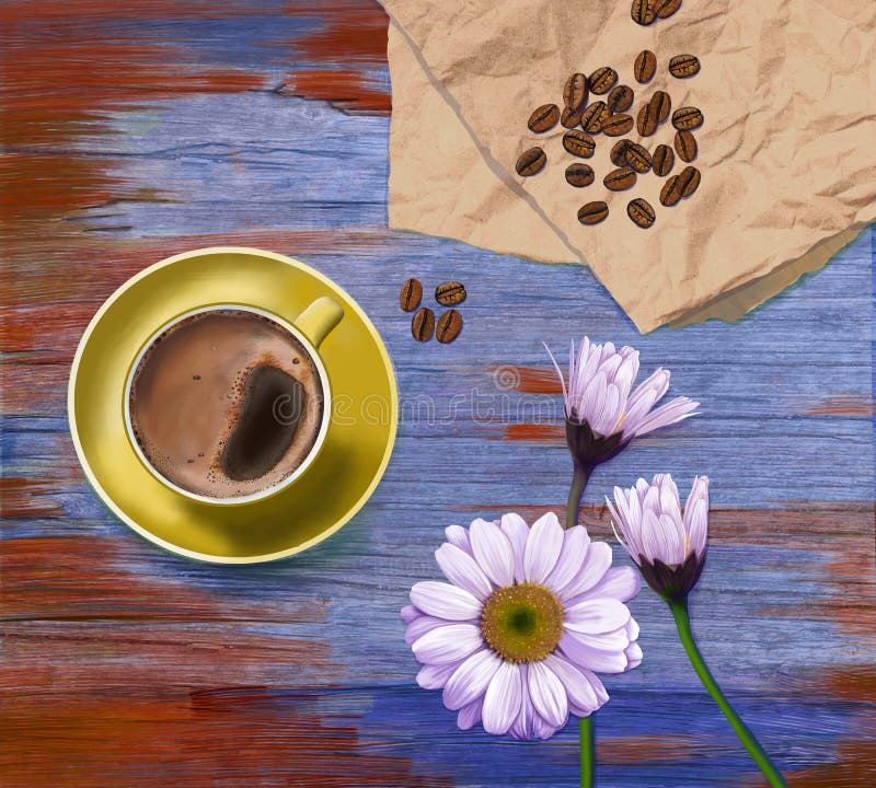 Yellow Cup of Coffee, Coffee Beans and Camomile Background Illustration ...
