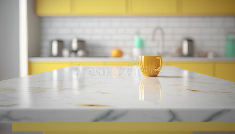 Yellow Cup on White Marble Countertop in Modern Kitchen. 3d Rendering ...