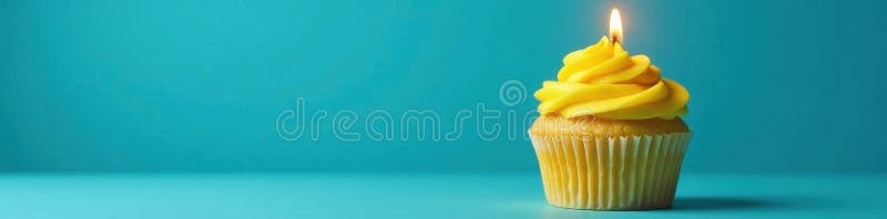Yellow Cupcake, Single Lit Candle, Blue Backdrop, Celebration, Candle, Sweet Stock Illustration ...