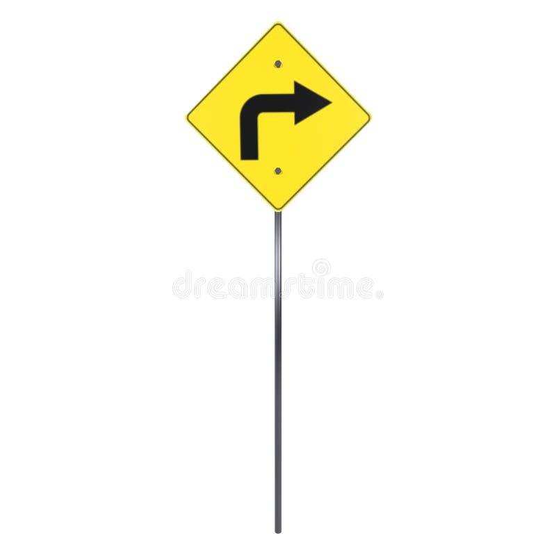 Yellow Curve Right Traffic Sign in a 3D Rendering Environment Stock ...