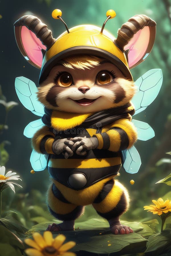 Yellow Cute Cat Dressed As a Bee in a Flower Field. Generative Ai Stock ...