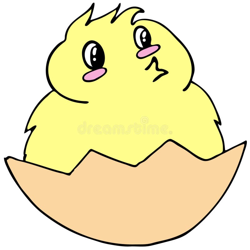 Yellow Cute Little Chicken in Shell, Vector Doodle Element, Childrens ...