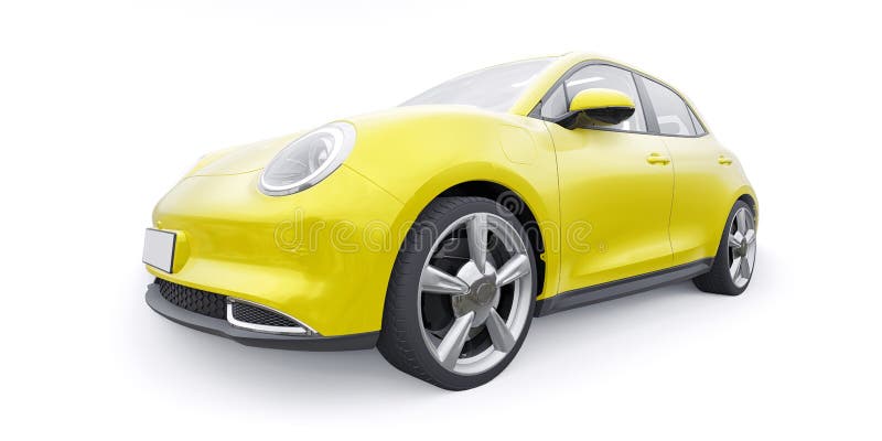 Yellow Cute Little Electric Hatchback Car. 3D Illustration. Stock ...