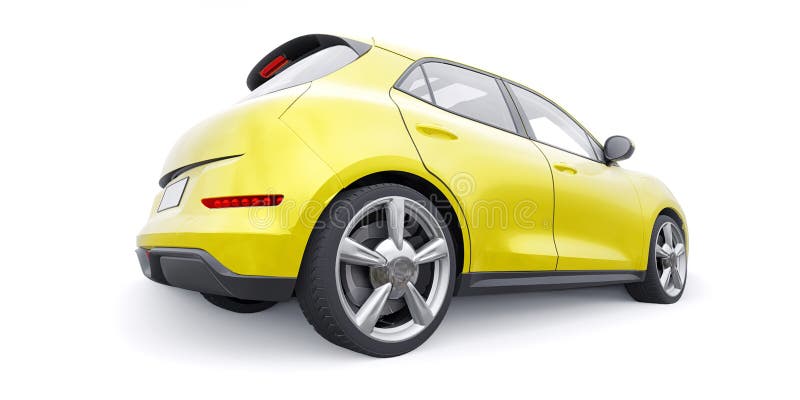 Yellow Cute Little Electric Hatchback Car. 3D Illustration. Stock ...