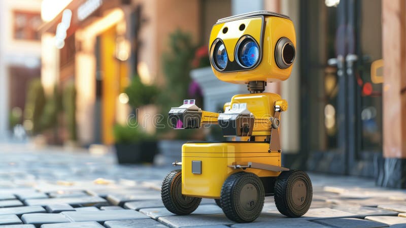 Yellow Cute Robot on Wheels: Delivery Concept Stock Image - Image of ...