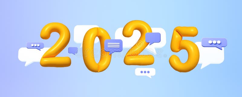Yellow 3D Numbers 2025 Floating with Speech Bubbles and Think Clouds on ...
