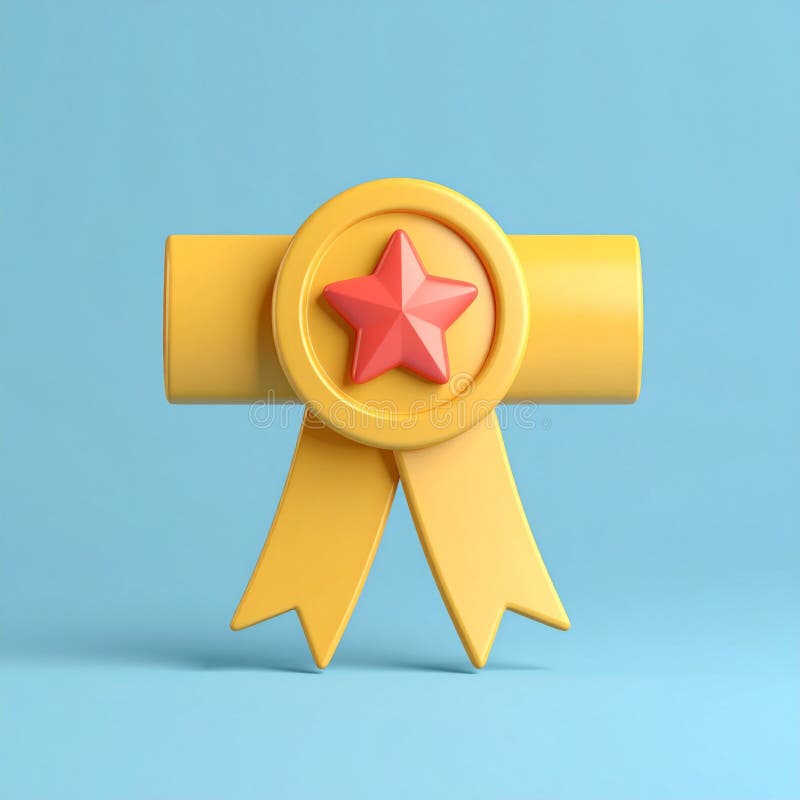 Yellow 3D Scroll Award with Red Star on Blue Background Stock ...