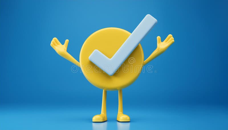 Yellow 3D Tick Icon, Done Symbol, Check Mark on Blue Background Stock ...