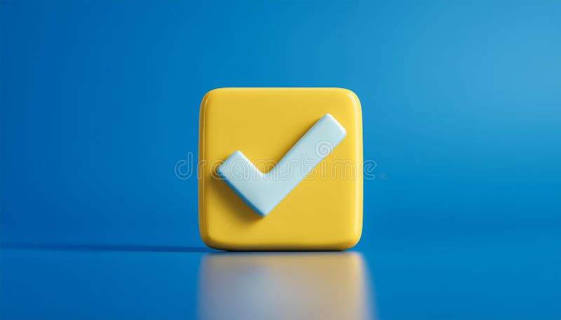 Yellow 3D Tick Icon, Done Symbol, Check Mark on Blue Background Stock ...