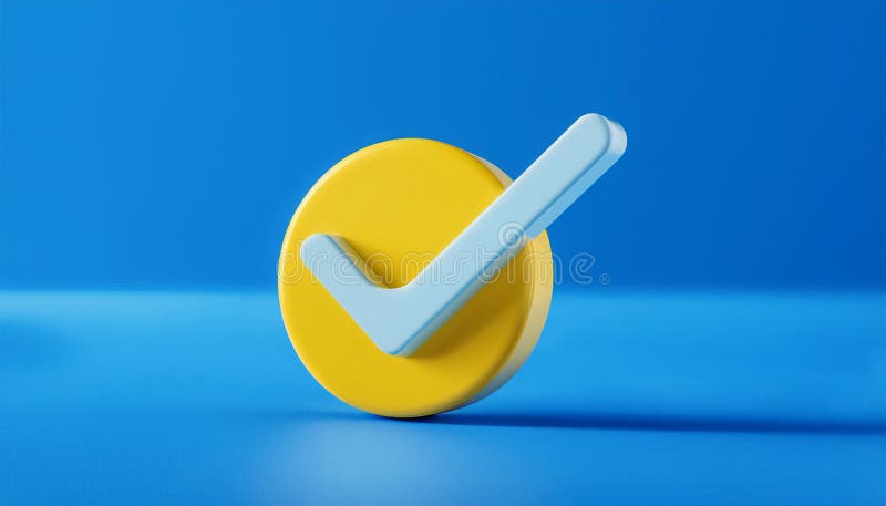 Yellow 3D Tick Icon, Done Symbol, Check Mark on Blue Background Stock ...