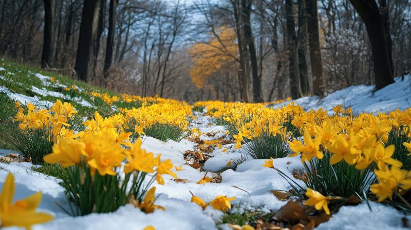 Yellow Daffodils Blooming in Snowy Forest Path Stock Photo - Image of ...