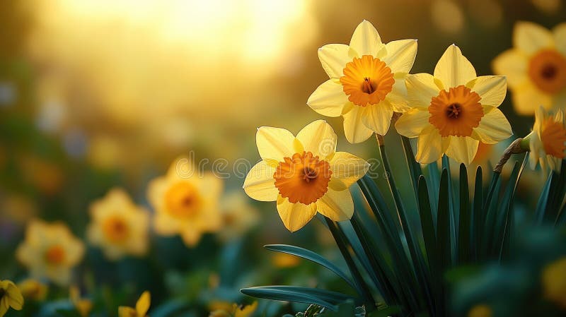Yellow Daffodils Blooming in Spring Garden at Sunset Stock Illustration ...