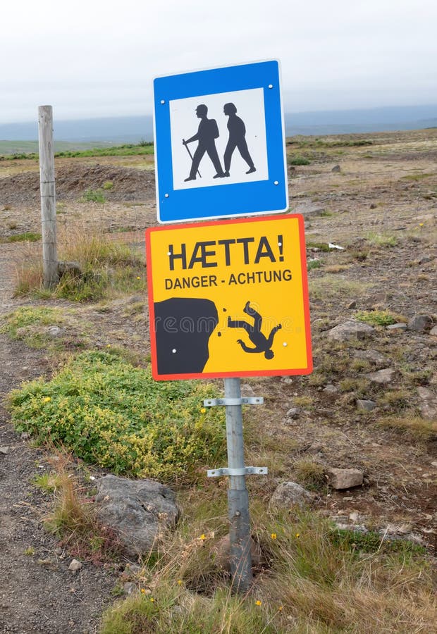 Danger Sign in Iceland - Warning of Steep Cliffs Stock Image - Image of ...