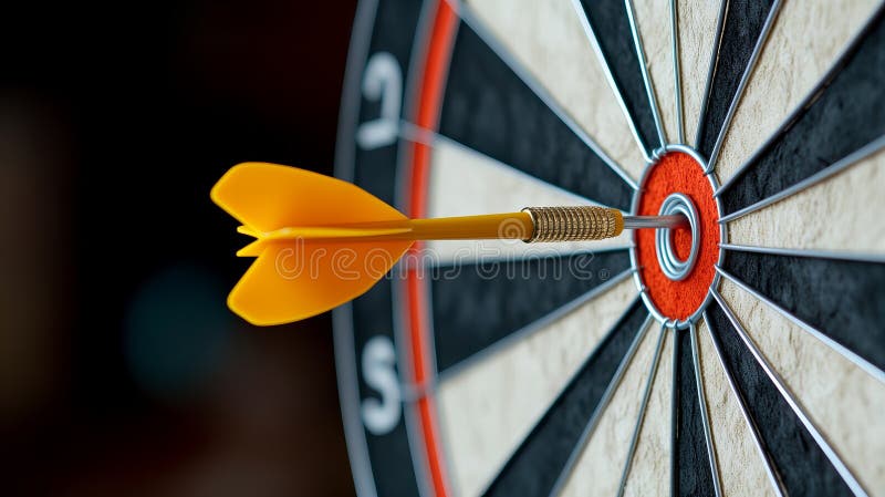 Yellow Dart Hitting Bullseye on Black and White Dartboard Stock ...