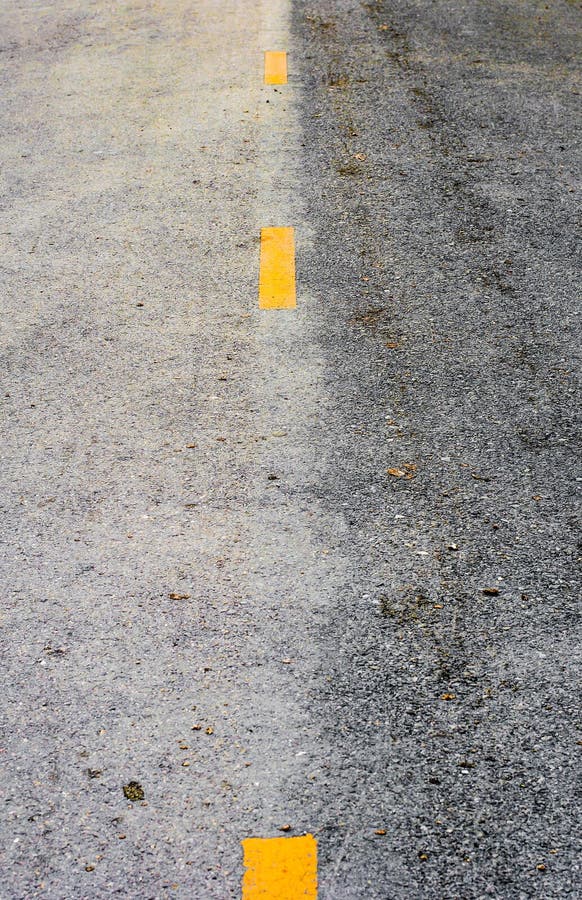 Yellow Dash Line on Old Asphalt Road Stock Photo - Image of bitumen ...