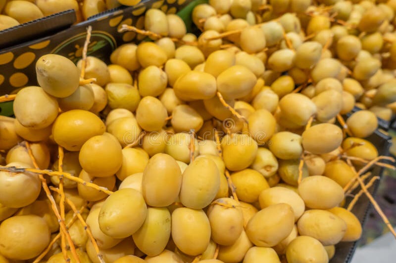 Yellow Dates on Display in Supermarket Stock Image - Image of mubarak ...