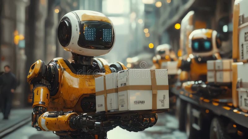 Yellow Delivery Robot Carrying Parcels in an Industrial Hub Stock Video ...