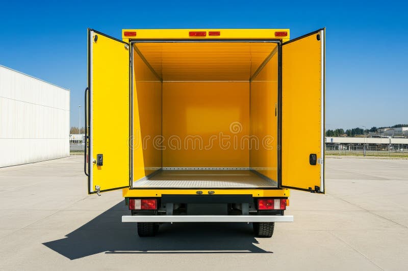 Yellow Delivery Truck Parked with Open Doors on Sunny Day Stock ...