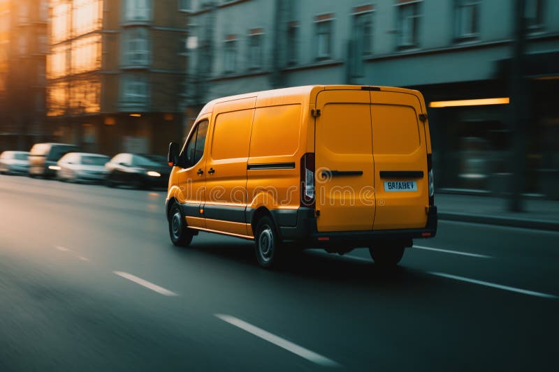 A Yellow Delivery Van Drives Fast through the City. Logistics and ...