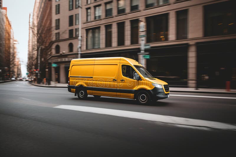 A Yellow Delivery Van Drives Fast through the City. Logistics and ...