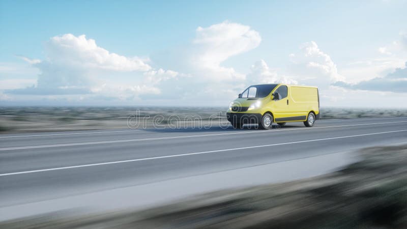 Yellow Delivery Van on Highway. Very Fast Driving. Transport and ...