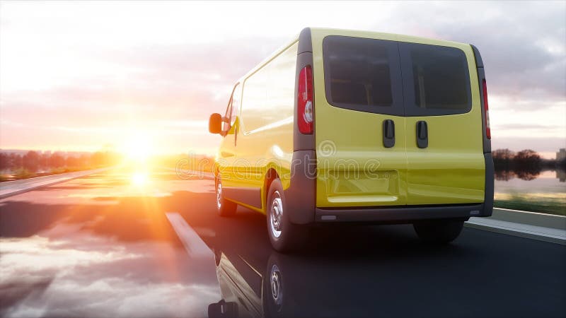 Yellow Delivery Van on Highway. Very Fast Driving. Transport and ...