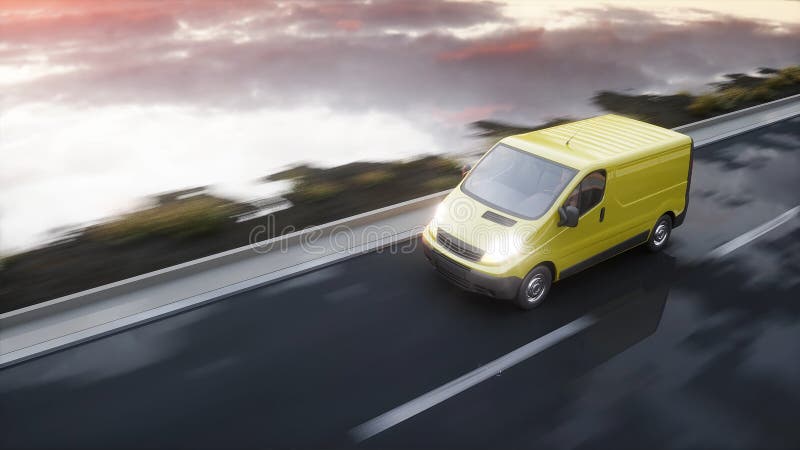 Yellow Delivery Van on Highway. Very Fast Driving. Transport and ...
