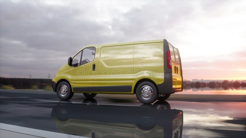 Yellow Delivery Van on Highway. Very Fast Driving. Transport and ...