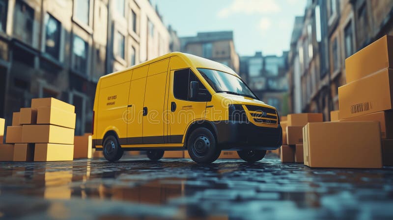 Yellow Delivery Van in Urban Setting with Cardboard Boxes Stock Photo ...