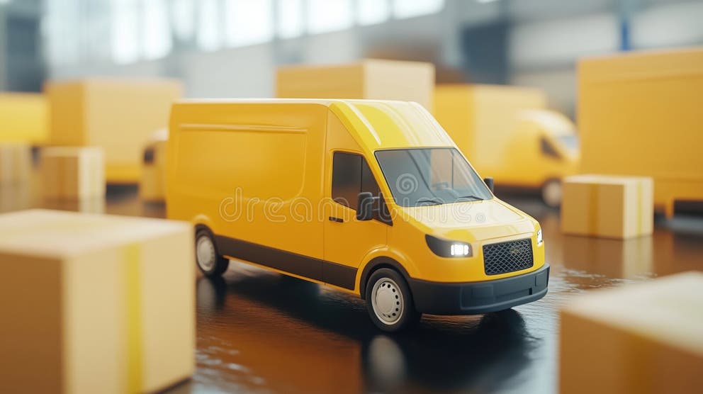 Yellow Delivery Van in Warehouse with Boxes Stock Photo - Image of ...