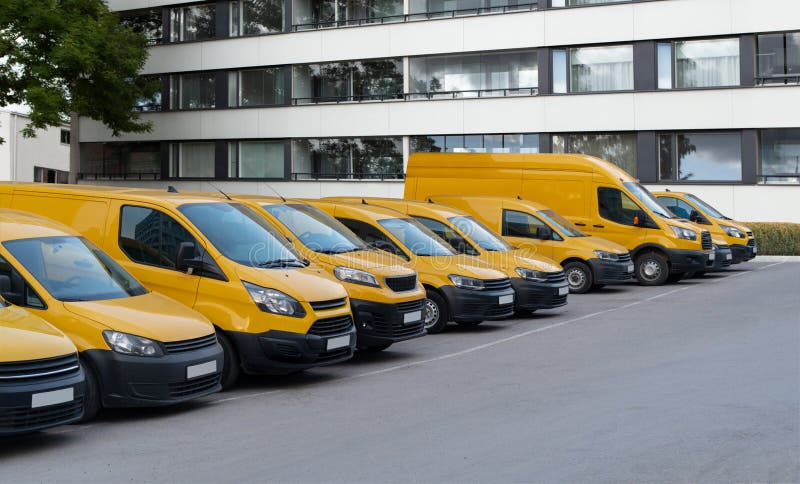 Yellow Delivery Vans Trucks Distribution Stock Image - Image of convoy ...