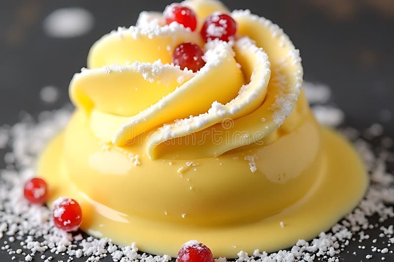 A Yellow Dessert is Garnished with Red Berries and Powdered Sugar Stock ...