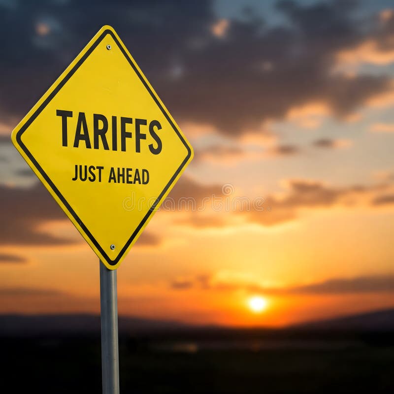 Yellow Diamond Sign with Black Text Tariffs Just Ahead Against a Sunset ...