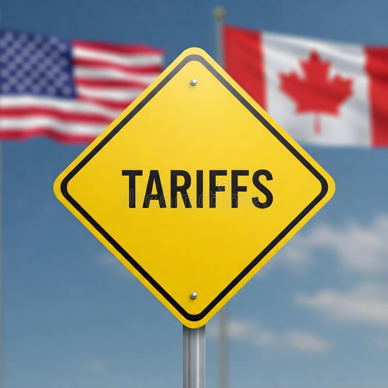 Yellow Diamond Sign with TARIFFS Text Against a Backdrop of Blurred ...