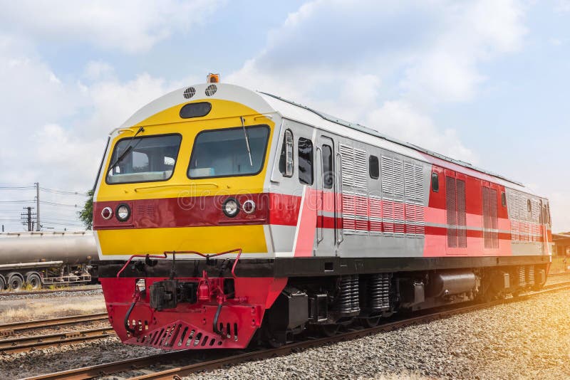 Yellow Diesel Engine Locomotive Train Stock Photo - Image of passenger ...