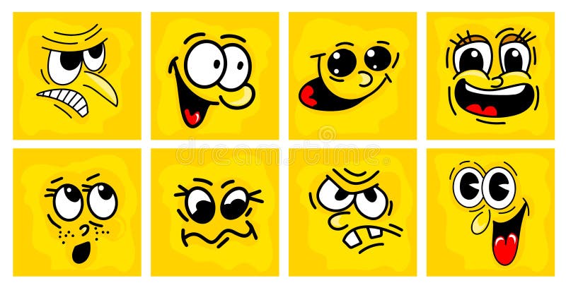 Funny Cartoon Comic Faces on Yellow Background. Yellow Different Faces ...
