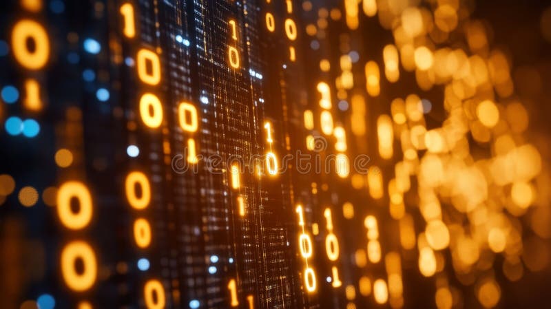 Yellow Digital Binary Data Flowing on Computer Screen, Technology Background. Big Data Concept ...