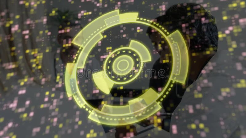 Yellow Digital Interface Animation Over People Working on Computers in ...