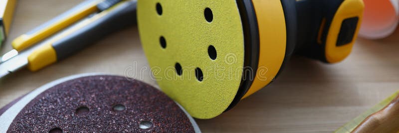Yellow Disc Sander is on Table Closeup Stock Image - Image of builder ...