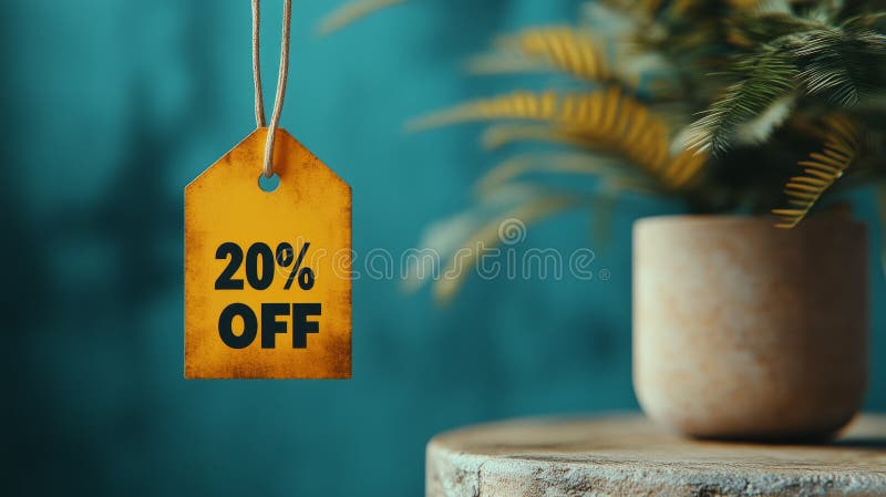Yellow Discount Tag with 20 Off Next To Plant on Table. Stock ...