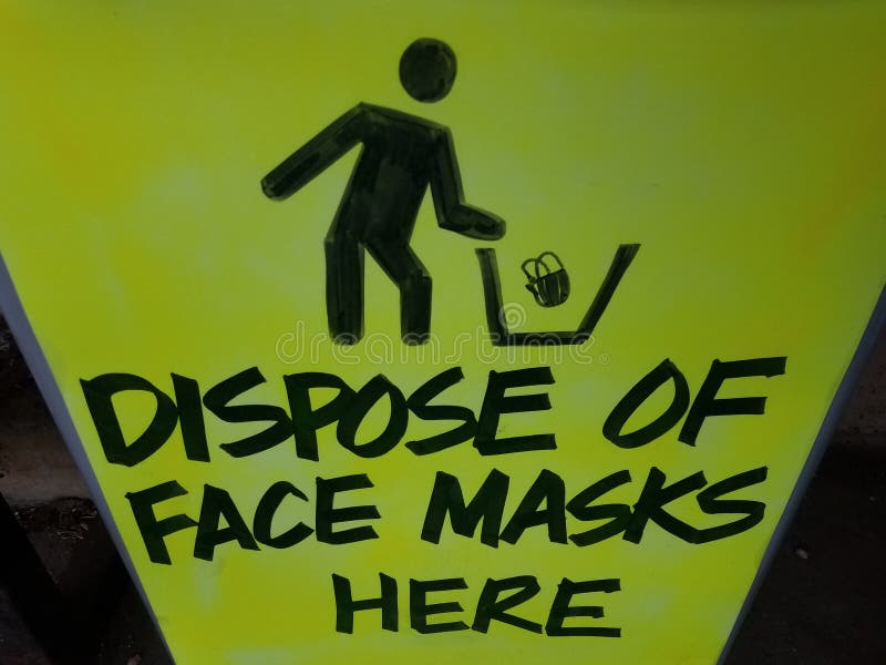 Yellow Dispose of Face Masks Here Sign and Trash Can Stock Image ...