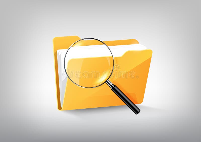 Yellow Document File Folder Directory Icon and Magnified Glass on White ...