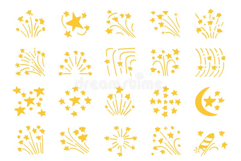 Yellow Doodle Hand-Drawn Fireworks with Stars Elements Collection Stock ...