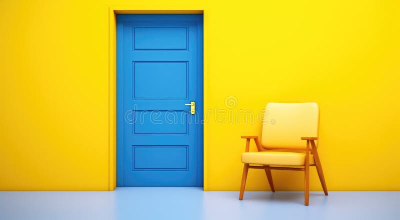 A Yellow Door, Chair and Blue Wall Yellow Door Stock Photo - Image of ...