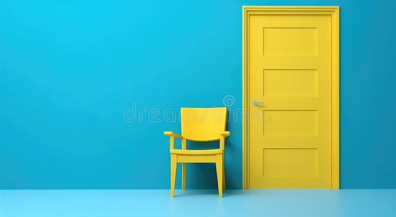 A Yellow Door, Chair and Blue Wall Yellow Door Stock Photo - Image of ...