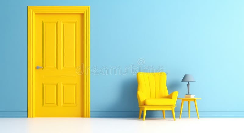 A Yellow Door, Chair and Blue Wall Yellow Door Stock Image - Image of ...