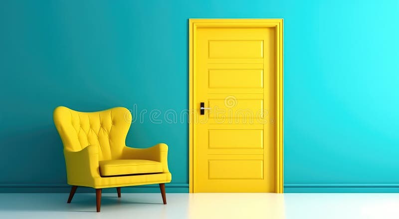 A Yellow Door, Chair and Blue Wall Yellow Door Stock Image - Image of ...