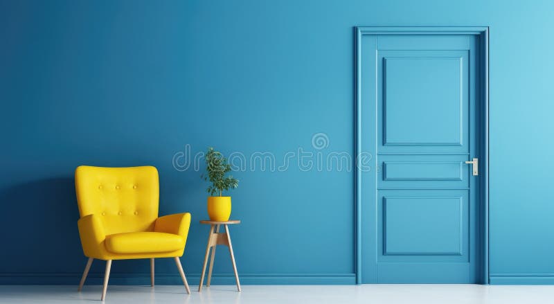 A Yellow Door, Chair and Blue Wall Yellow Door Stock Photo - Image of ...