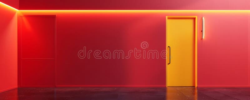 Yellow Door in a Modern Vibrant Red Corridor with Ambient Lighting ...