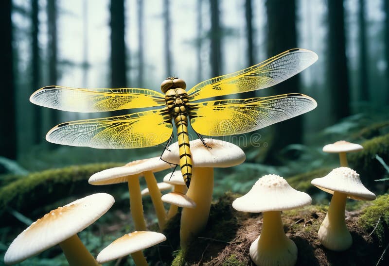 Yellow Dragonfly and White Mushrooms in Moody Setting Stock ...